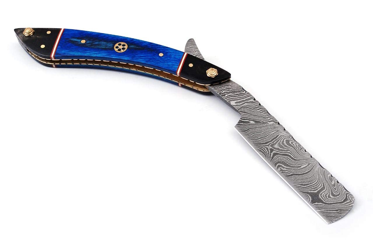 Blue Damascus Steel Fixed Blade Straight Razor - Barber Approved ...