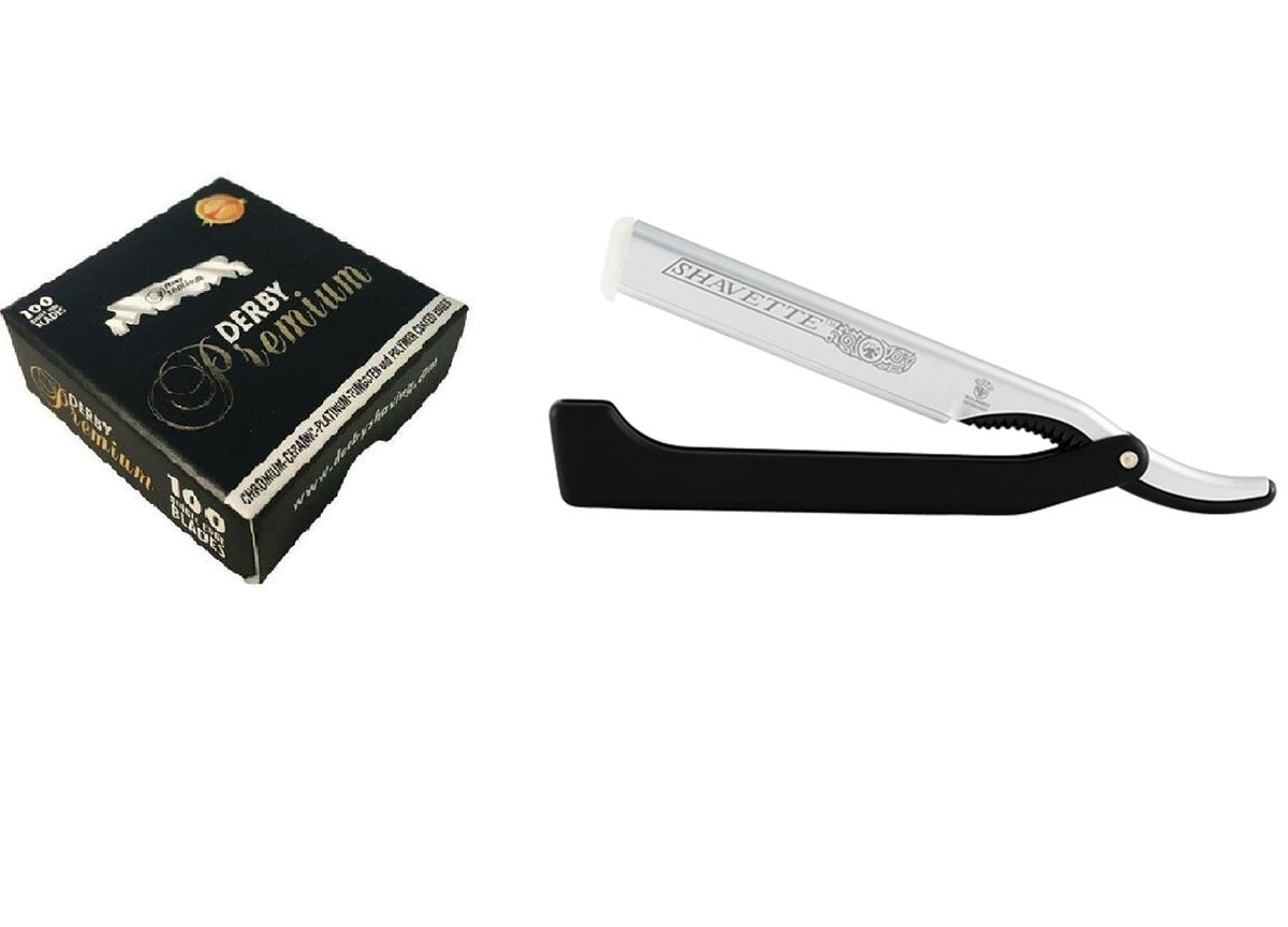 Dovo Silver Shavette Satin Black Finish Straight Razor + 100 Derby Bla ...