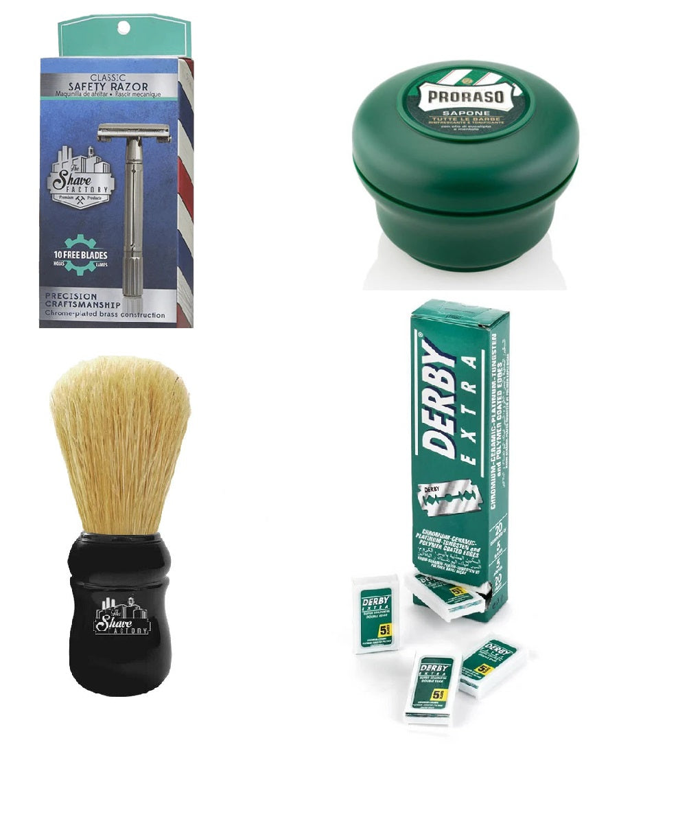The Shave Factory Safety Razor Shaving Set with Proraso Menthol and Eu ...